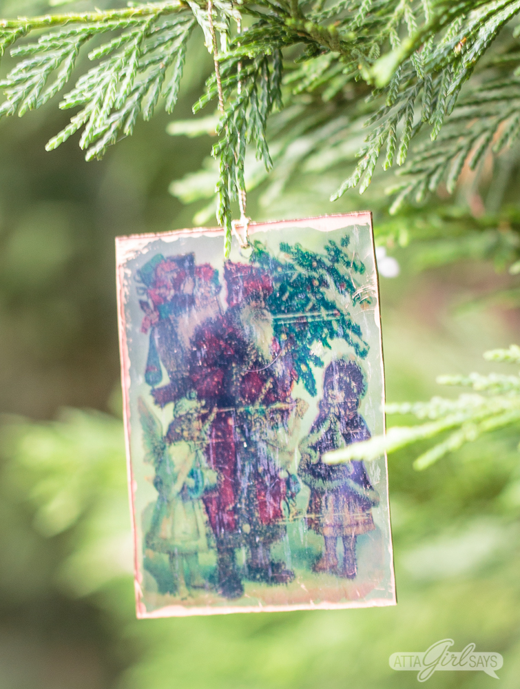 Shrinky Dinks Christmas Ornaments with Vintage Postcard Images